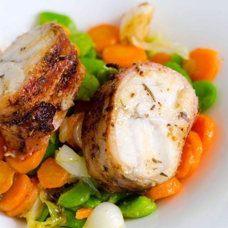 Roasted Bacon-Wrapped Fish Recipe with Vegetable Stir Fry — Eatwell101