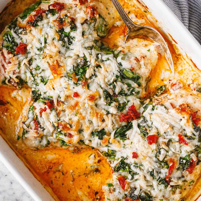 Creamy Chicken Breast Bake Recipe with Spinach and Sun-Dried Tomatoes ...